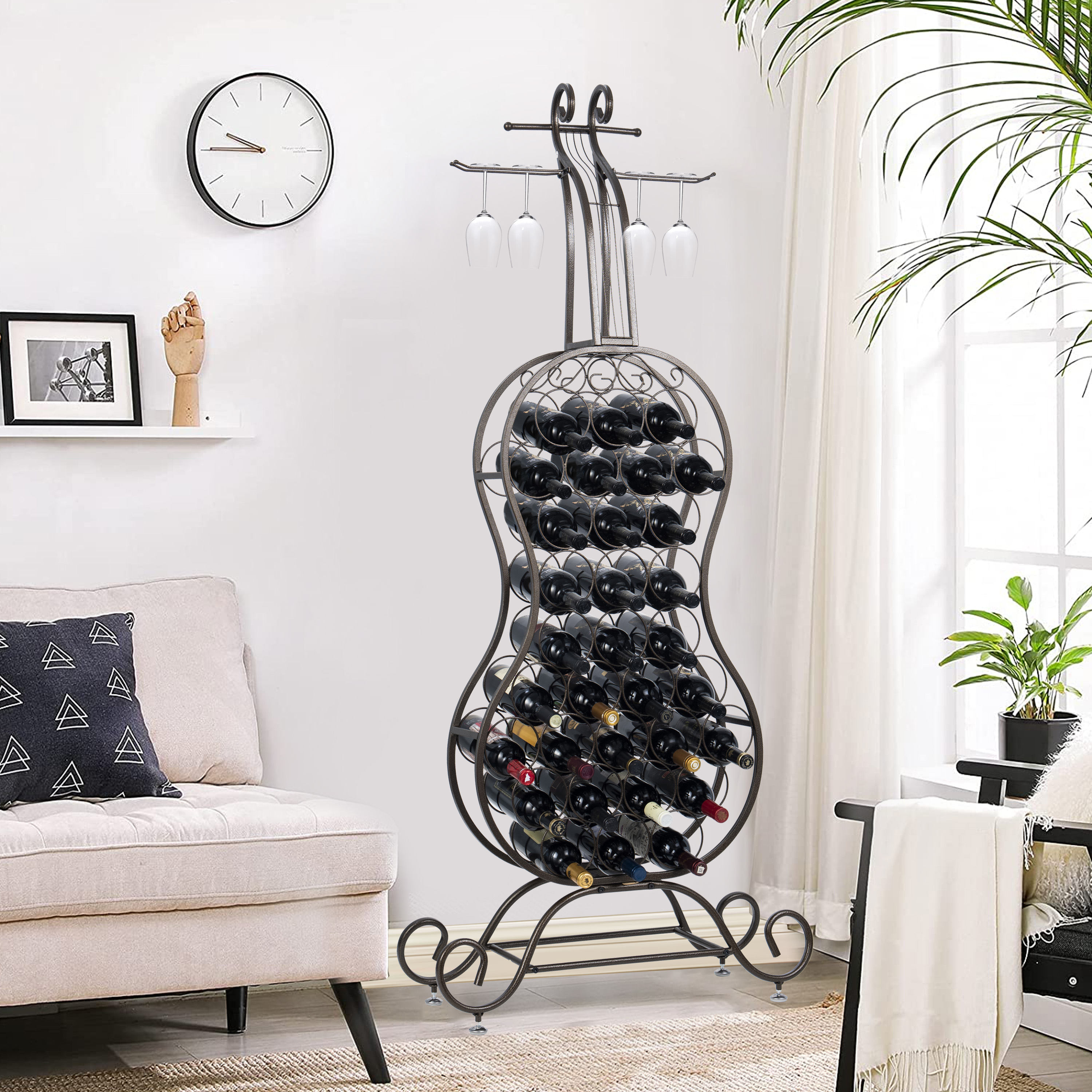 Freestanding Cello-Shaped Wine Rack for 32 Bottles, Metal Wine Storage ...