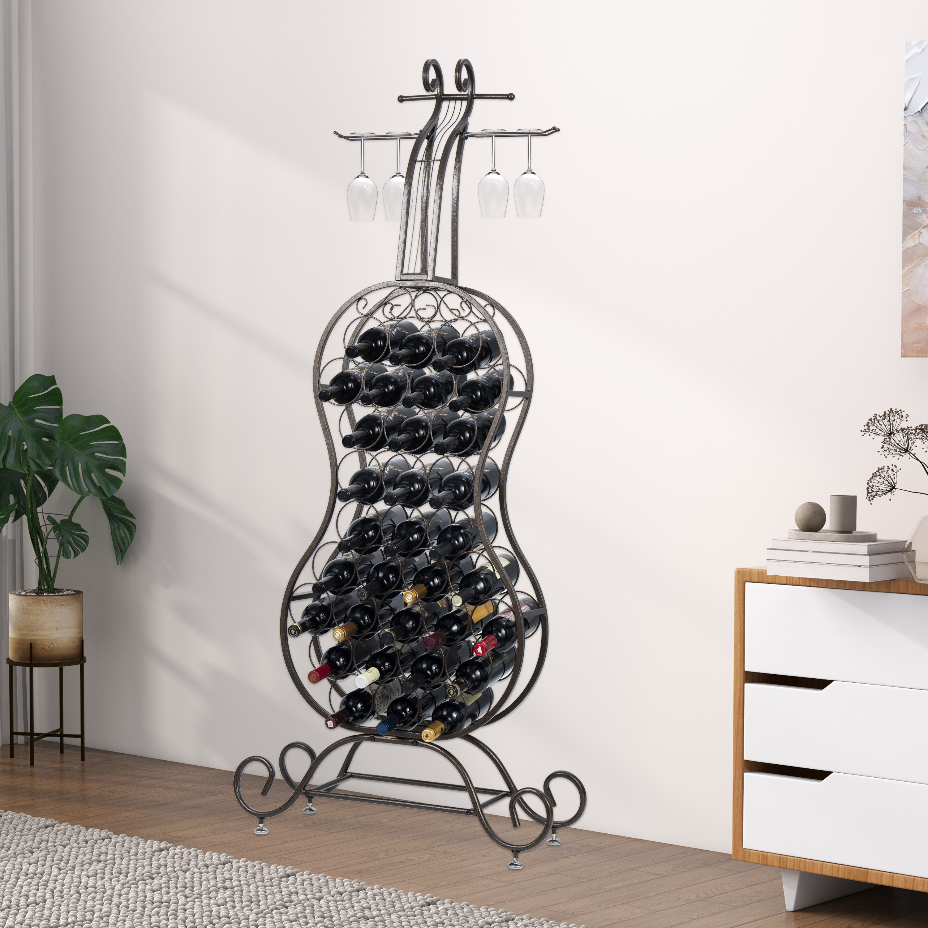 Freestanding Cello-Shaped Wine Rack for 32 Bottles, Metal Wine Storage ...
