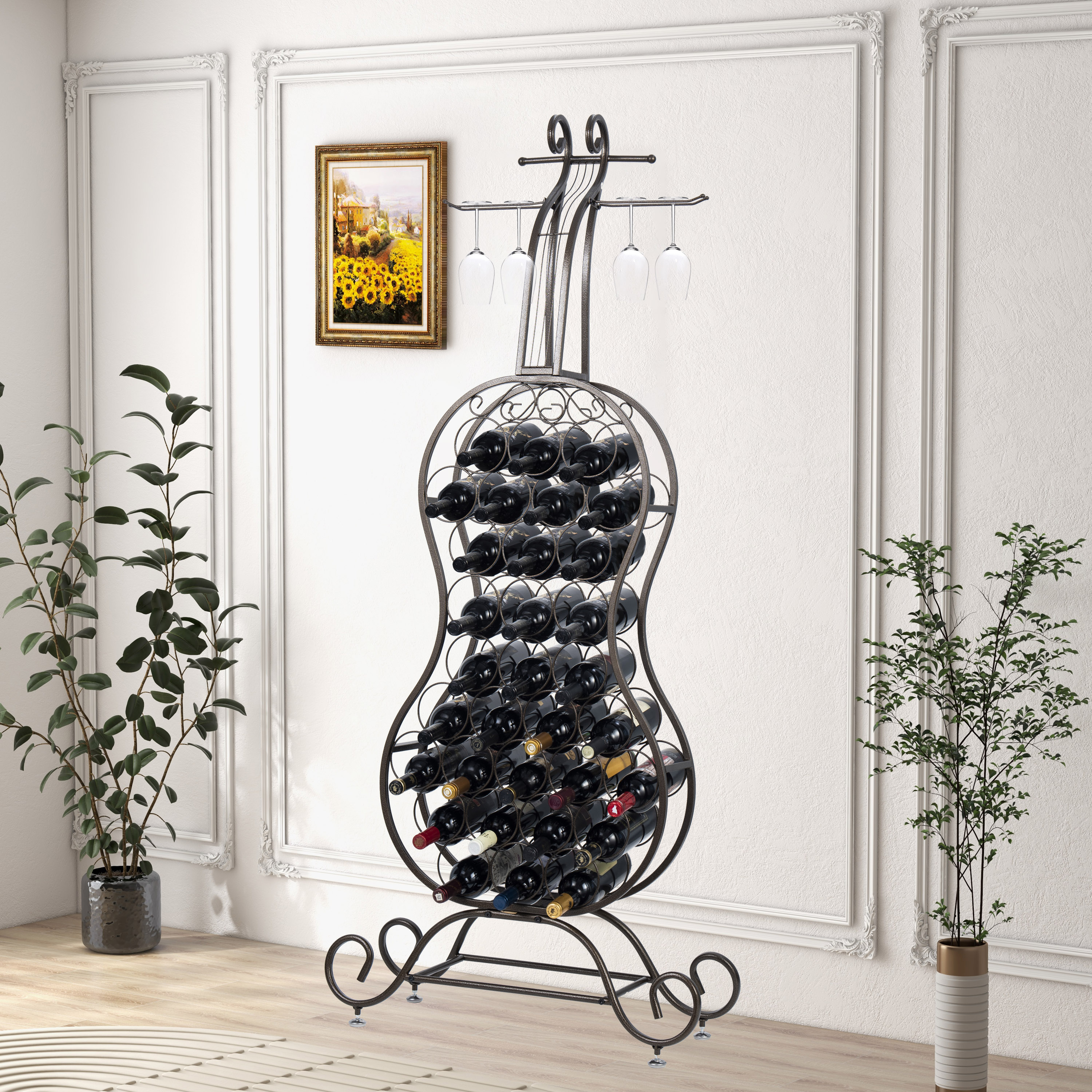 Freestanding Cello-Shaped Wine Rack for 32 Bottles, Metal Wine Storage ...